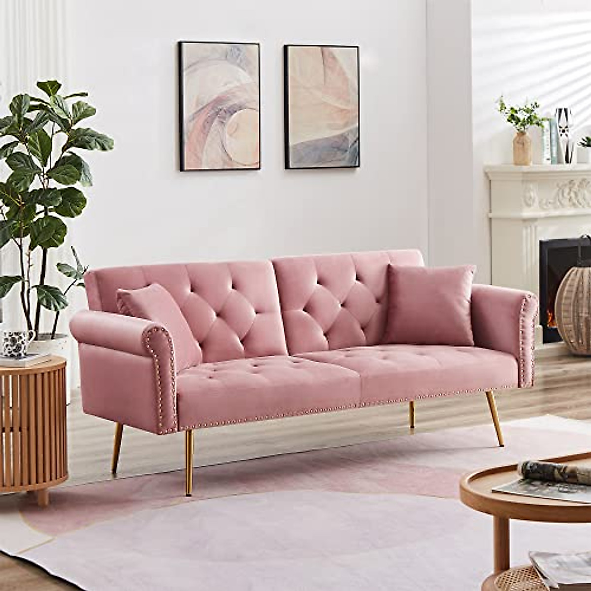 ERYE Tufted Upholstered Futon Sofa Daybed Modern Convertible Loveseat Sofa & Couch Soft Convenient Nap Sleeper Couch Bed for Home Office Apartment Furniture Sets Velvet with Pillows Nailhead Decor