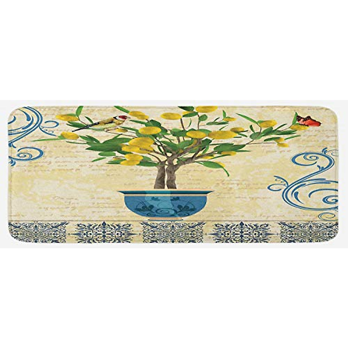 Ambesonne Vintage Kitchen Mat, Retro Style Lemon Tree in The Pot with Realistic Detailed Sparrow and Butterfly, Plush Decorative Kithcen Mat with Non Slip Backing, 47" X 19", Yellow Blue