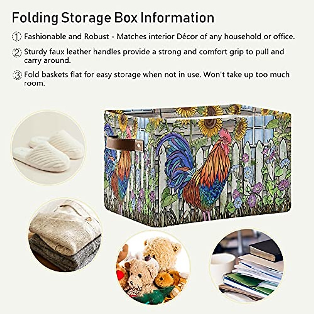 TropicalLife Rectangular Storage Bin Cube Animal Rooster Foldable Organizer Basket with Handles, Sunflower Floral Farm Collapsible Storage Box for Kids Toy Shelf Closet Nursery