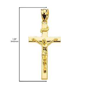 14K Yellow Gold Linear Cross 1.15" INRI Crucifix Charm Pendant Religious Jewelry