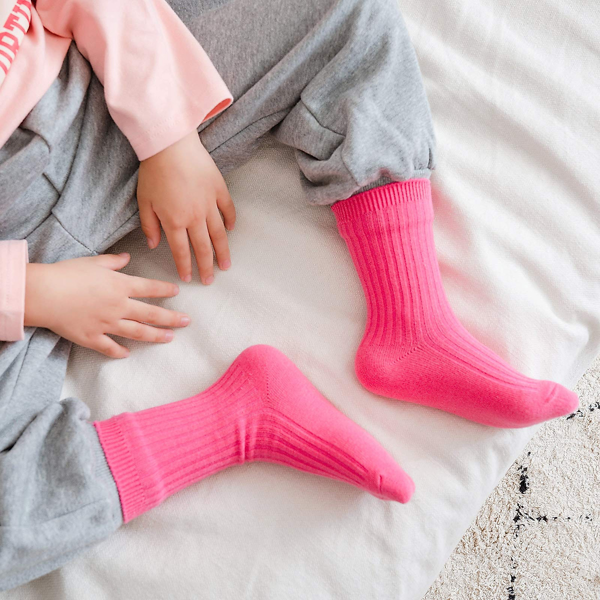 MINI PANDA Little Girl's Socks, Girls Socks Cute,girls Crew Socks 9 Pairs Pack (9 colors-2, 5-8 Years)