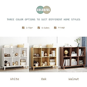 IOTXY Freestanding Open Cubes Bookcase - 2-Tier Floor Standing Wooden Storage Display Cabinet Organizer with Legs for Home Office, 6-Cubes Open Shelf Low Short Bookshelf, Walnut