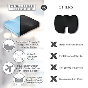 Stephan Roberts Extra Large Comfort Seat Cushion | Non-Slip Orthopedic Memory Foam | Back and Tailbone Relief | for Car, Travel, Office, Wheelchair | XL 19" x 17" x 3.5" (Cooling)