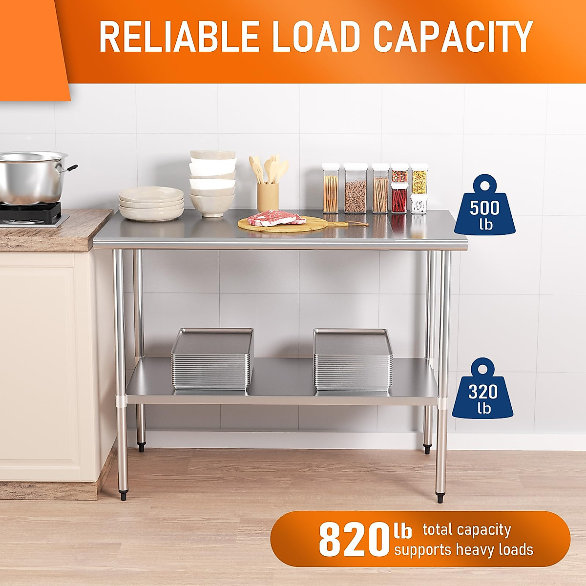 HOCCOT Stainless Steel Table for Prep & Work 24" X 48" inches with Adjustable Shelf, Commercial Workstations, Utility Table in Kitchen Garage Laundry Room Outdoor BBQ