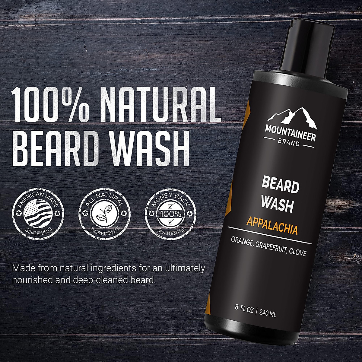 Mountaineer Brand Beard Wash For Men | 100% Natural Beard Shampoo | Thick Cleaning Softening Lather | Grooming Treatment with Orange, Grapefruit, Clove Essential Oils | Appalachia Scent 8oz