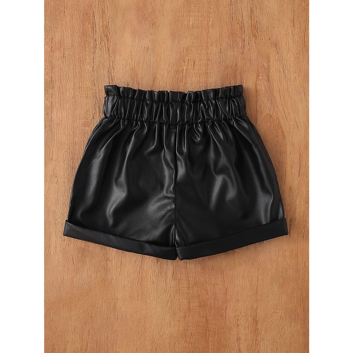 WDIRARA Toddler Girl's Paper Bag Waist Button Front Wide Leg PU Leather Shorts Black 110