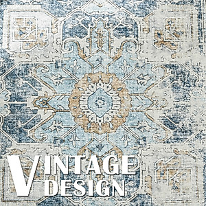 jinchan Area Rug 9x12 Washable Rug Indoor Vintage Rug Floor Cover Print Distressed Carpet Multi Thin Rug Chenille Blue Accent Rug Lightweight Non Slip Kitchen Living Room Bedroom Dining Room