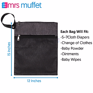 Wet Dry Bag for Cloth Diapers or Swimwear, Waterproof and Reusable with Snap Handle - by Mrs Muffet (Grey)