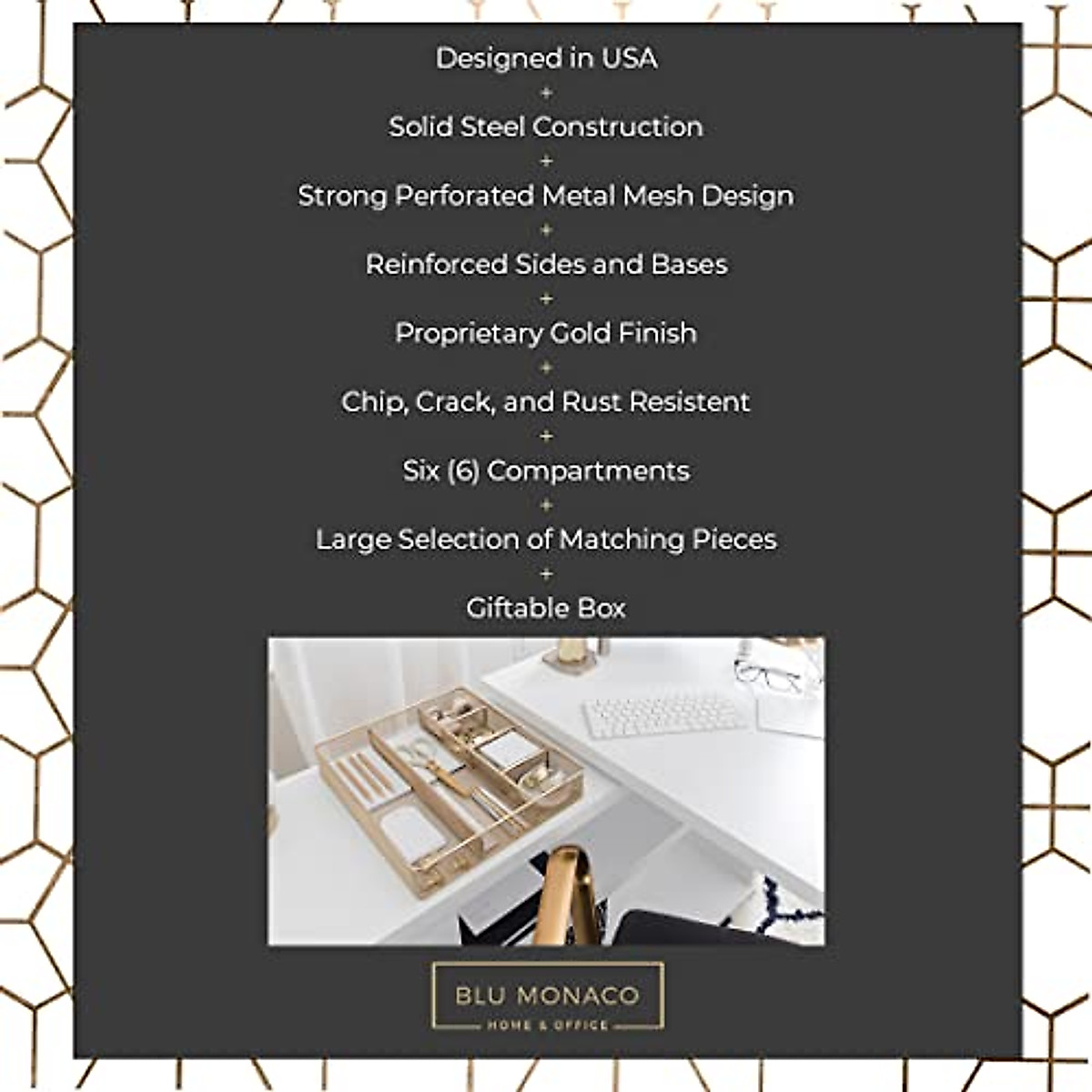 BLU MONACO Desk Drawer Organizer Tray for Office Organization - 6 Compartments - Gold Metal Mesh Large Drawer Organizer for Accessories and Office Supplies