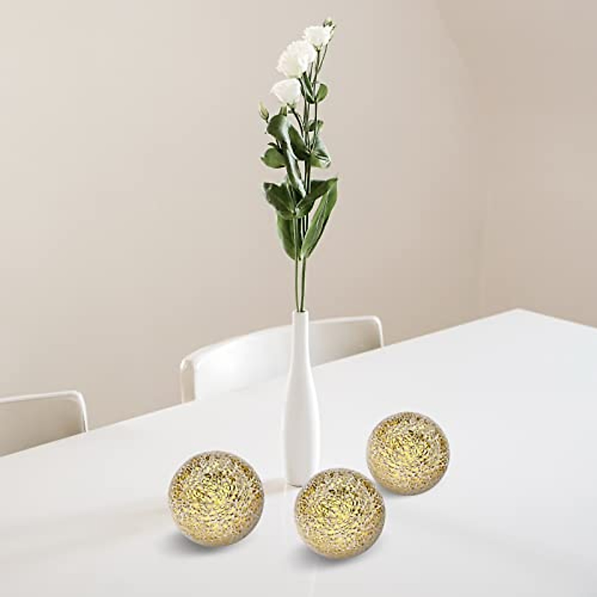 Kepfire 3Pcs Mosaic Glass Sphere 3.15 Inch Round Crackl Orbs for Bowls Vases Dining Table Centerpiece Home Decoration - Gold