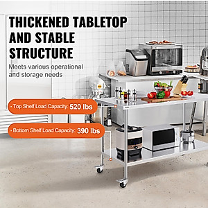 VEVOR Stainless Steel Work Table 30 x 60 x 38 Inch, with 4 Wheels, 3 Adjustable Height Levels, Heavy Duty Food Prep Worktable for Commercial Kitchen Restaurant, Silver