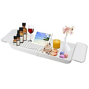 Expandable Drain Bath Shelf Caddy Tray, YOCOMEY Multifunctional Plastic Bathtub Tray Bathroom Organizer Simple Stylish Bathtub Storage Rack for Candle Towel, Book, Wine, Phone, Shower (White)
