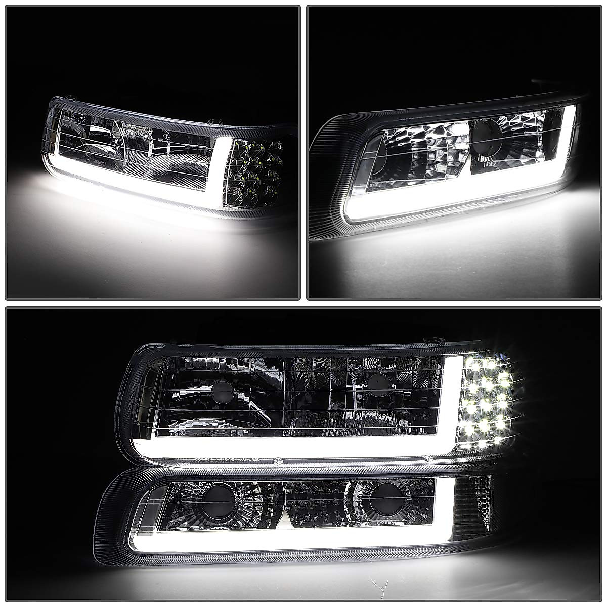 DNA MOTORING HL-LB-CSIL99-CH-CL1 Chrome Housing Pair LED DRL Headlight Bumper Lamps Replacement For 99-02 Silverado