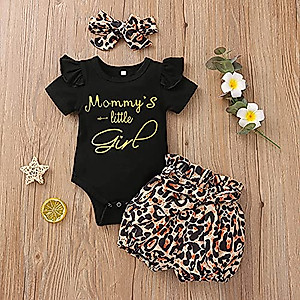 Suranne Newborn Baby Girl Clothes Leopard Outfits Short Sleeve Letter Romper + Short Pants + Headband 3Pcs 0-3 Months