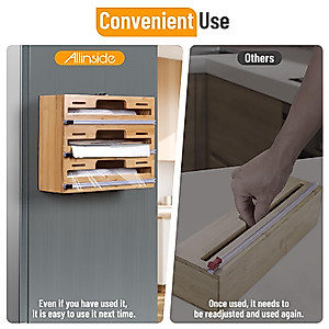 Allinside Magnetic Plastic Wrap Dispenser with Cutter, 3 in 1 Refrigerator Bamboo Wood Organizer for Tin Foil, Baking Paper, Wax Paper Holder Kitchen Storage Box Compatible with 12.9" Roll (3 Tier)