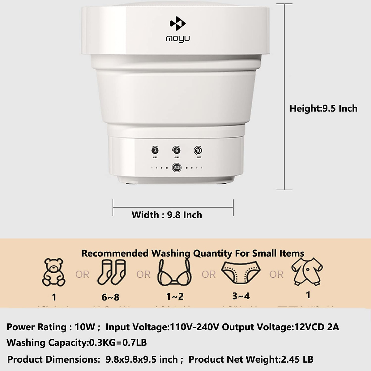XZ-SMART Foldable Mini Small Portable Washer Washing Machine for Apartment, Laundry, Camping, RV, Travel, Underwear, Socks, Baby clothes (110V-240V) (WHITE), 9.8 x 9.8 x 9.5