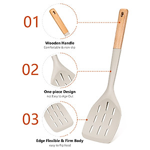 Pack of 3 Silicone Spatula, Non Stick Cooking Utensil Set Wooden Handle Kitchen Turner for Baking Mixing Grilling Serving Food Heat Resistant Non Scratch Hooks Included,Khaki