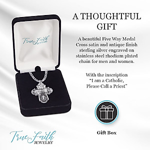 TrueFaithJewelry Sterling Silver 5 Way Medal Cross Medal Pendant Necklace Religious Jewelry, Antique Finish 1 1/4 Inch