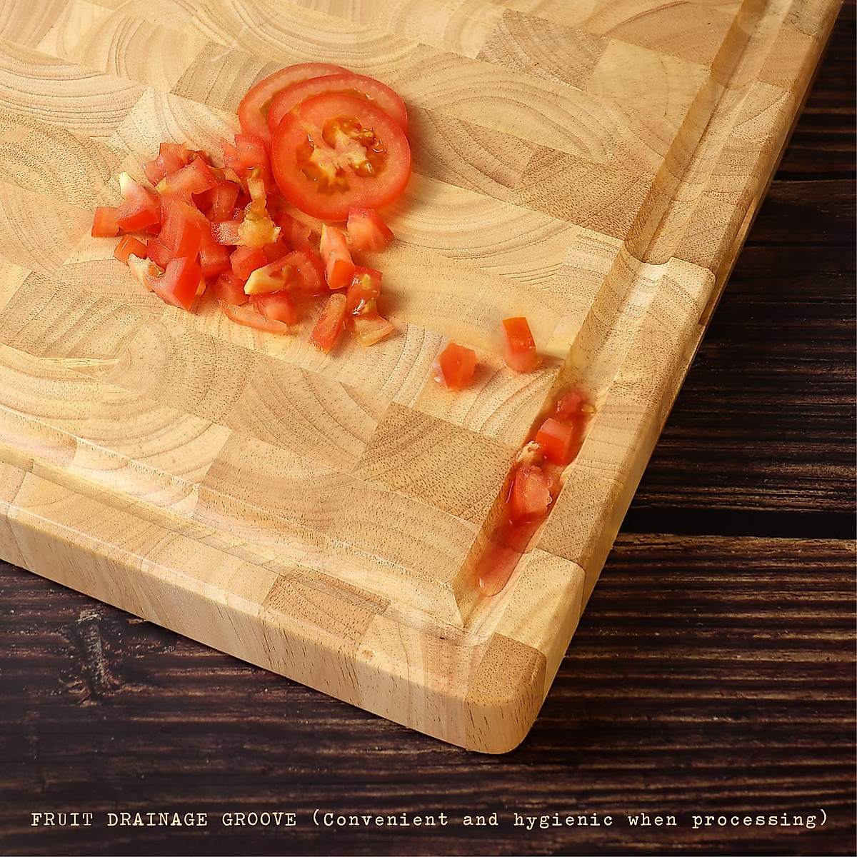Cutting Board (17x13x1,5in) Wood Cutting Board, End Grain Cutting Board, Wooden Butcher Block, Chopping Board - Reversible Multipurpose For Kitchen with Juice Groove, Cracker Holder & Inner Handles.