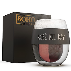 GALVANOX Freezer Chilled Stemless Wine Glass, Double Walled Insulated Frozen Chiller Cup (8.5oz) Fun Wine Lover Gift for Women/Her Rose All Day (Gift Boxed)
