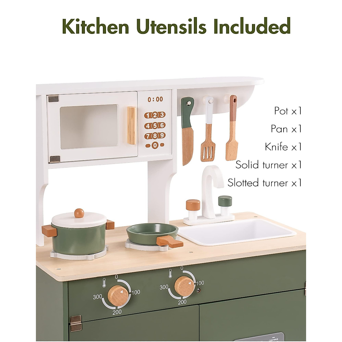 ROBUD Play Kitchen, Kids Kitchen Playset with Pretend Ice Cube Dispenser for Kids Aged 3+, Wooden Toy Kitchen of Birthday Gift to Kids, Vintage Green