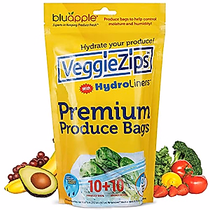 Bluapple VeggieZips Premium Produce Storage Bags - 10 Produce Food Saver Bags + 10 HydroLiners to Keep Produce Fresh Longer - Washable & Reusable Bags for Humidity Control for Fruits and Vegetables