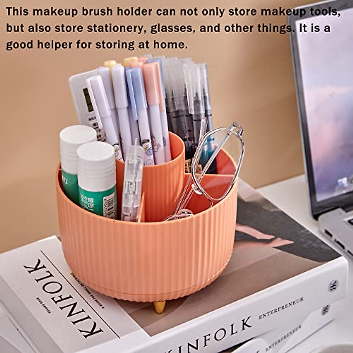 Makeup Brush Holder Organizer,360° Rotating Make up Organizer Storage,5 Slot Makeup Brushes Cup,for Vanity Decor,Bathroom Countertops,Desk Storage Container,Cosmetic Display Cases
