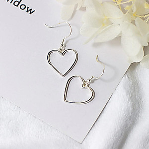 Dainty Minimalist Hollow Heart Love Small S925 Sterling Silver Plated Dangle Drop Earrings for Women Teen Girls Sensitive Ear Cute Heart Hook Dangling Hanging Hypoallergenic Wedding Fashion Jewelry