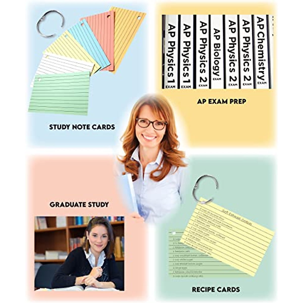300 ruled index cards with rings (3" x 5") in 6 colors, with storage box. Ideal for students, teachers, note-taking, and language learning. Made in USA.
