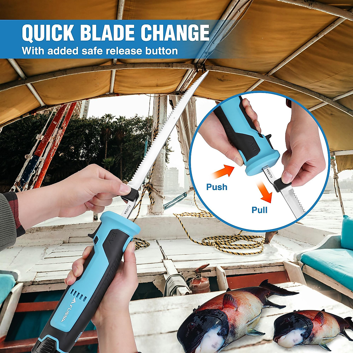 FLISSA Cordless Electric Fillet Knife for Fish with 8" and 10" Stainless Steel Blades, Rechargeable Electric Knife with Non-Slip Handle, 2 Packs Long Lasting Lithium-ion Battery, Portable Carry Case