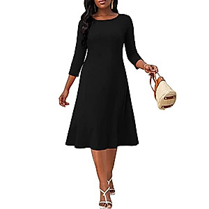 Women's Midi A Line Dress Vintage Casual Party 3/4 Sleeve Empire Waist Swing Fit and Flare Dresses Black XL