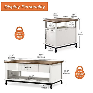 WAMPAT Premium Farmhouse Coffee Table Set of 2 for Living Room, 1 Large Rectangle Center Table with Storage Drawers, 1 End Side Table with Charging Station for Living Room, White/Oak