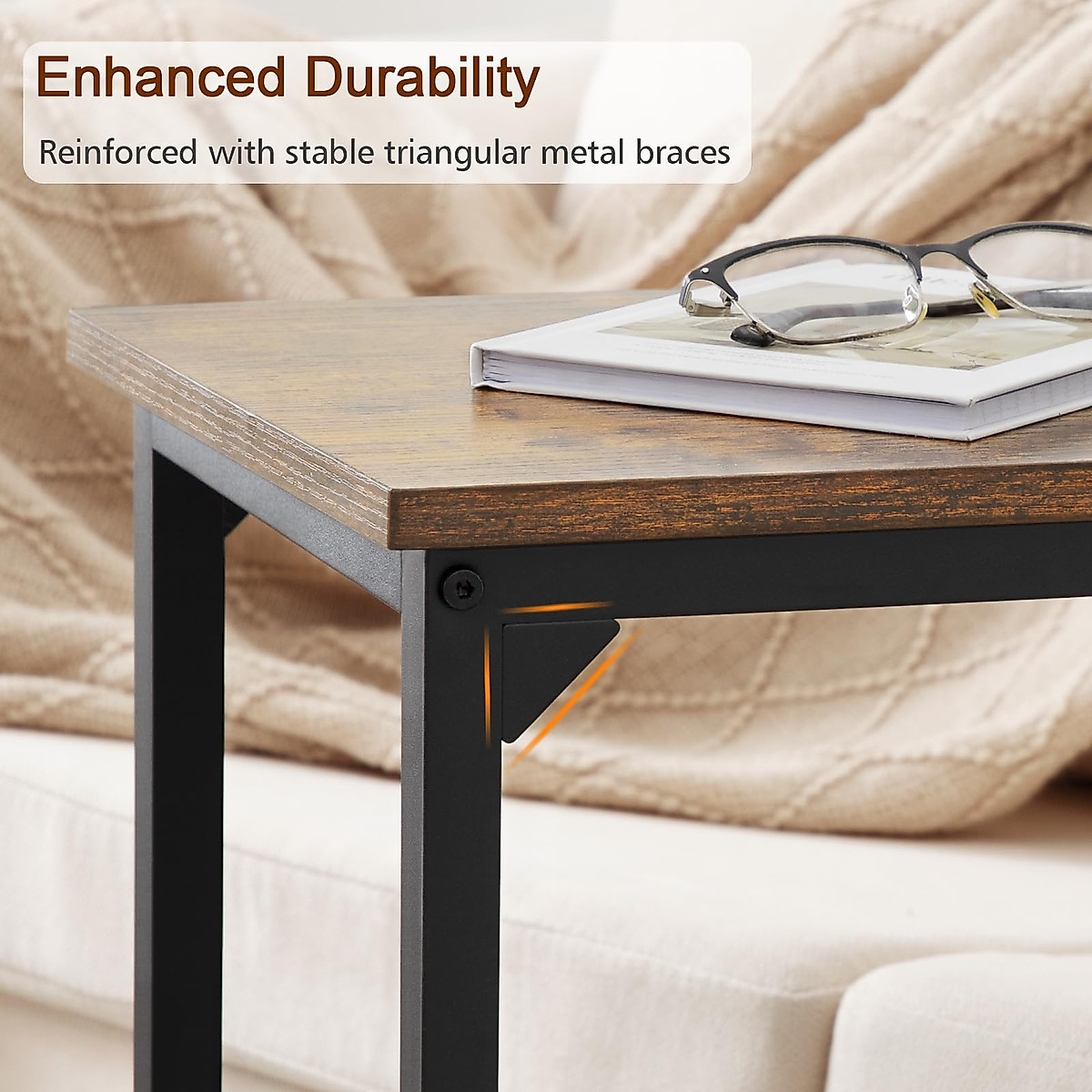 AMHANCIBLE C Shaped End Table, Slide Under Couch Table for Sofa, TV Tray Snack Table, Small Side Table for Small Space, Living Room, Brown HET02CBR1