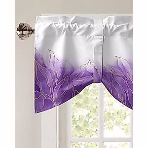 Tie Up Curtain Valance for Kitchen,Purple Gradient Abstract Leaf Gold Edge White Back Window Valances Adjustable Tie-up Shade Valance,Ombre Geometric Art Rod Pocket Short Curtains Bathroom 42x12in