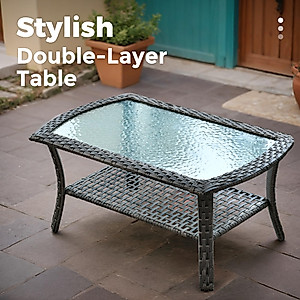 4 Pieces Wicker Patio Furniture - All-Weather PE Wicker Outdoor Conversation Bistro Set Loveseat Chairs with Table,Outdoor Rattan Sofa Chair High Back Deep Seating,Blue