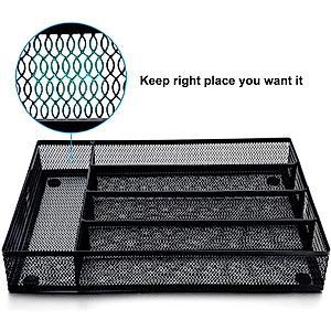 Ipanda Cutlery Tray, Cutlery Organizer, Non-Silp 5 Compartments Utensil Drawer Storage, Kitchen/Office, Steel Mesh Silverware Drawer/Holder/Divider (Black)