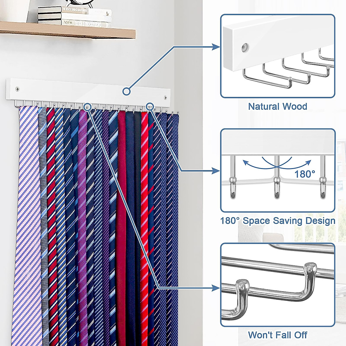 Tie Rack Wall Mounted Belt Hanger, 360° Rotating Tie Hanger Belt Organizer 20 Storage Hooks for Belt, Ties, Purse, Scarves, Tank Top, Hats, Medals