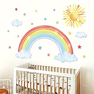 decalmile Large Rainbow Wall Decals Sun Cloud Star Wall Stickers Baby Nursery Girls Bedroom Living Room Wall Decor