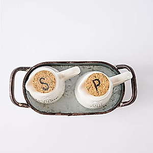 Mud Pie Farmhouse Inspired Ceramic Aluminum Salt and Pepper Caddy Set, One size, White