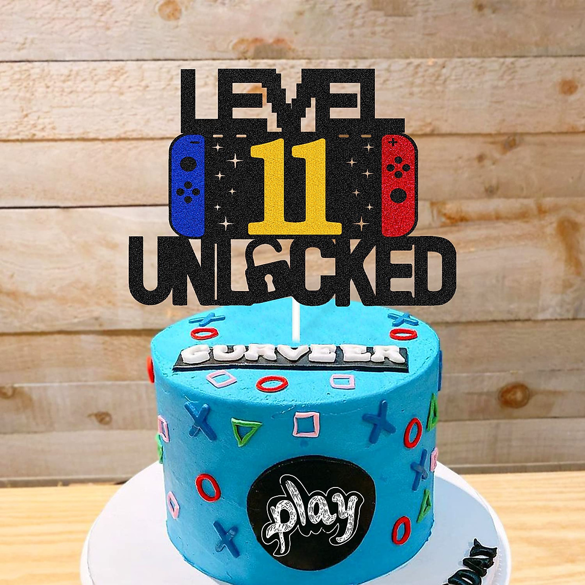 Level 11th Unlocked Sign Cake Topper Happy 11th Birthday Level Up Eleventh Cake Decorations for Video Game Controller Themed Kids Boy Girl Bday Party Supplies Double Sided