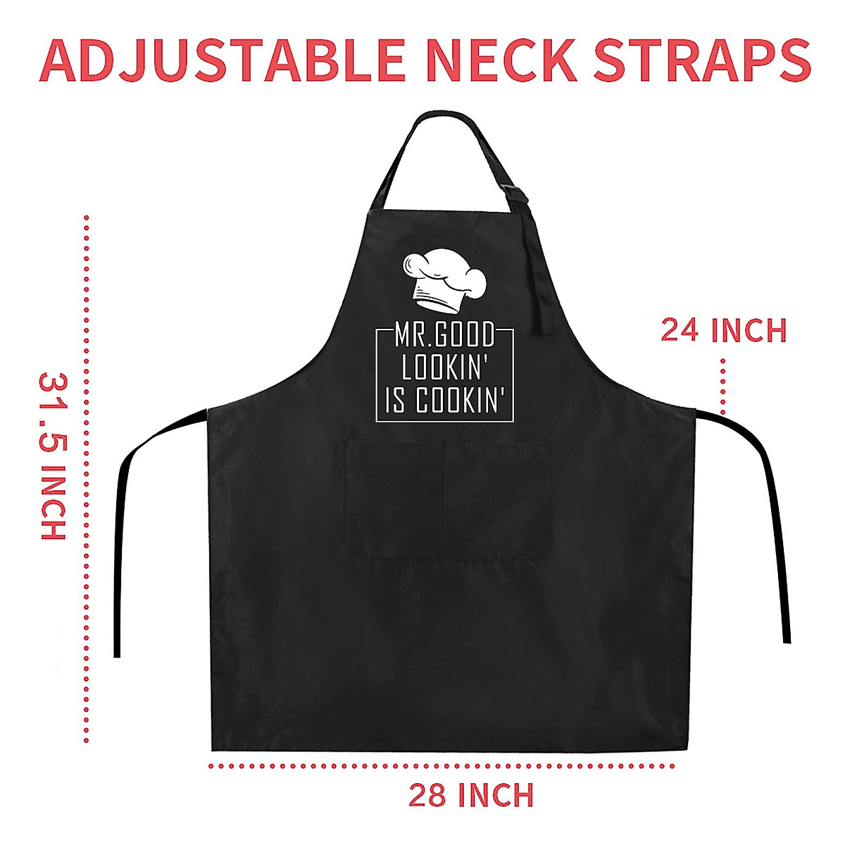 Rosoz Funny BBQ Black Chef Aprons for Men, Mr Goodlookin' is Cookin', Adjustable Kitchen Cooking Aprons with Pocket Waterproof Oil Proof Father’s Day/Birthday