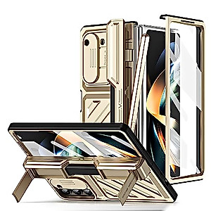 PUROOM for Samsung Galaxy Z Fold 5 Hinge Coverage Protective Case Pen Box & Kickstand, Slide Camera Lens Cover, Screen Protector Full Body Shockproof Case (Gold)