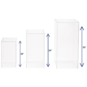 Displays2go Set of 3 Pedestals for Floor, Square Tops, 3 Sizes, Fillable, Acrylic - Clear (SMCLRPED3)
