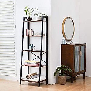 YMYNY Ladder Shelf, Industrial 5 Tier Bookshelf, Standing Bookcase, Multifunctional Open Storage Rack, Plant Stand, 23.6 x 15.5 x 67.3 inch, Metal Frame, Rustic Brown, UHTMJ017H