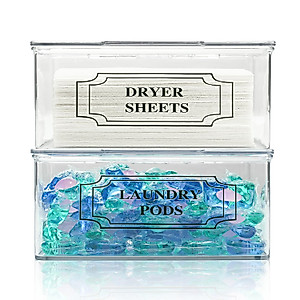 SSTATES Clear Acrylic Dryer Sheets Holder, Flip-top Laundry Pods Container with 2 Label Decals for Laundry Room Organization and Décor, Stackable Storage Box (1 Pc)