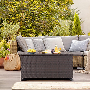 Toolsempire 50 Gallon Deck Box, PE Wicker Storage Box with Lid, Water-resistant Liner & Universal Wheels, Outdoor Storage Container for Pillows, Cushions, Garden Tools (Mix Brown)