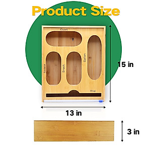 Elsqolro ZipLock Bag Organizer Dispenser for Kitchen Drawer Plastic Wrap Organizer for Drawer with Cutter Bamboo Baggie Organizer and Wrap Holder