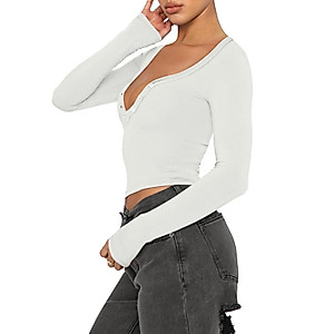 REORIA Women Fall Sexy Long Sleeve Henley T Shirts V Neck Button up Casual Basic Vintage Y2K Slim Fitted Ribbed Knit Tees Crop Tops White Small
