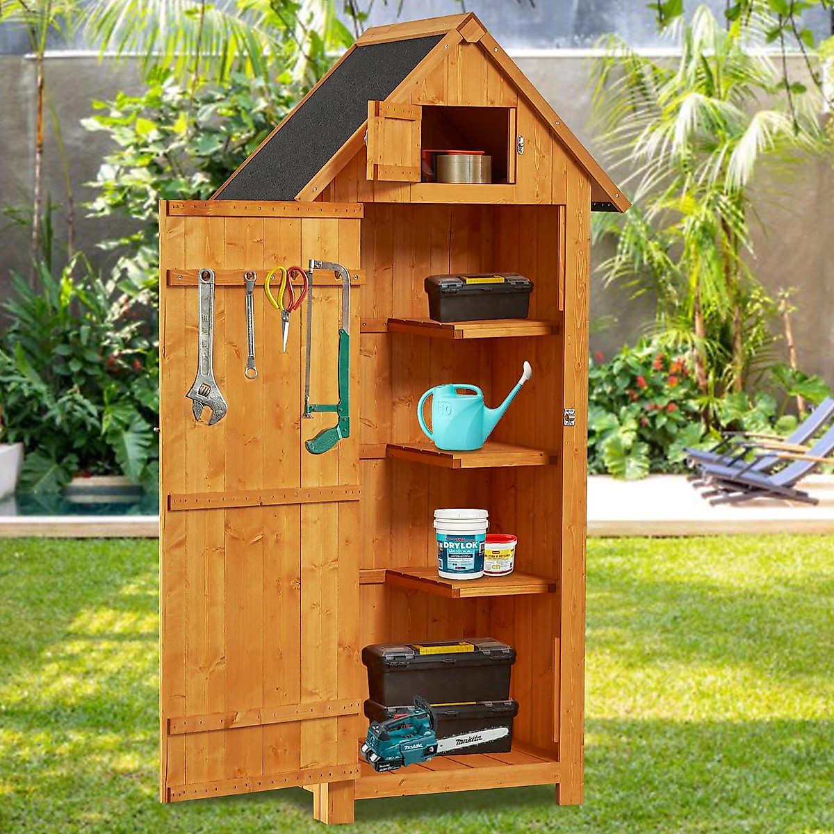 GarveeLife Outdoor Wood Storage Shed Cabinet, Wooden Garden Tool Sheds, Outside Vertical Organizer with Floor, Waterproof Roof, 3 Shelves, 4 Hooks and Lockable Door for Patio Hallway Backyard, Natural