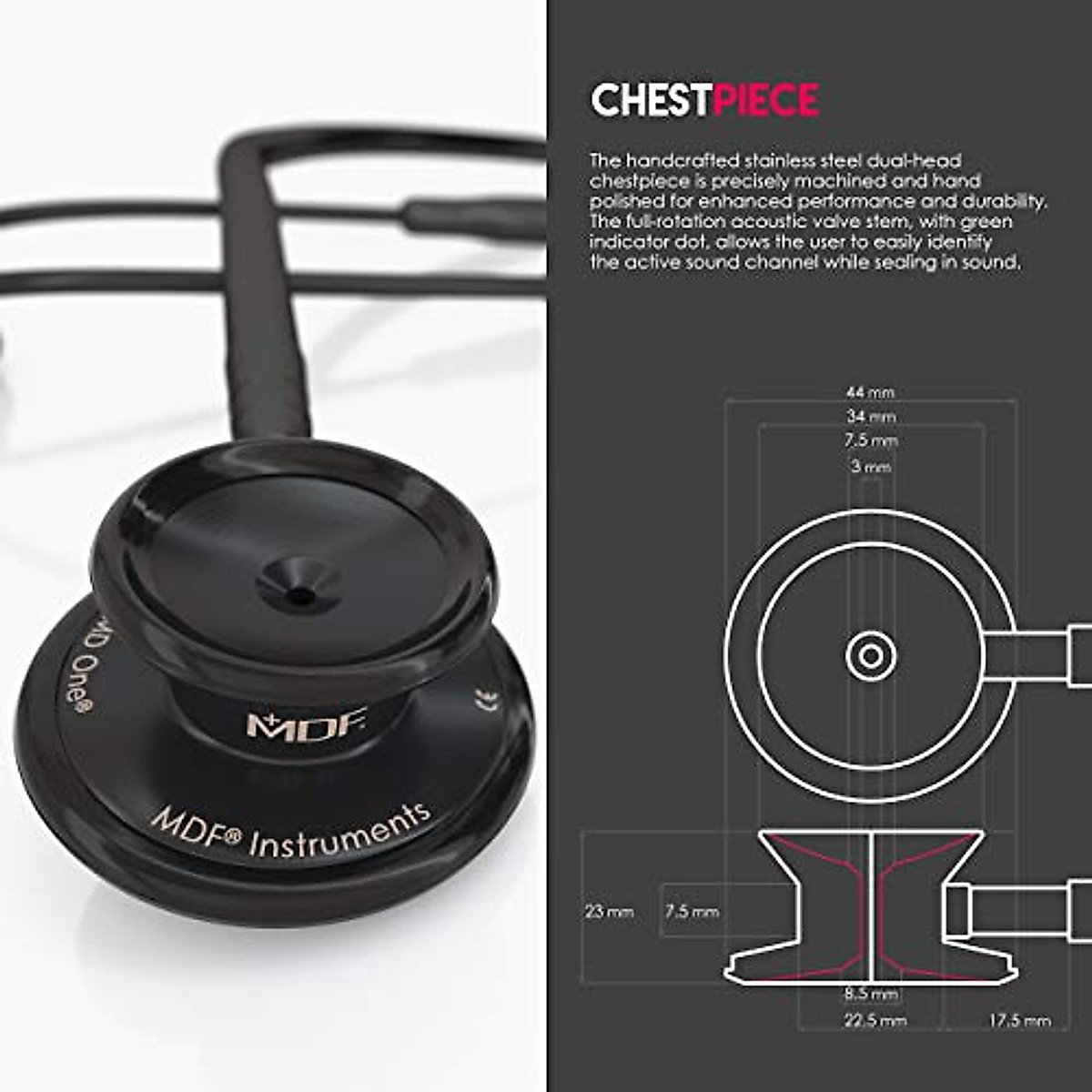 MDF MD One Stainless Steel Stethoscope, Adult, Black Tube, Black Chestpieces-Headset, MDF777BO